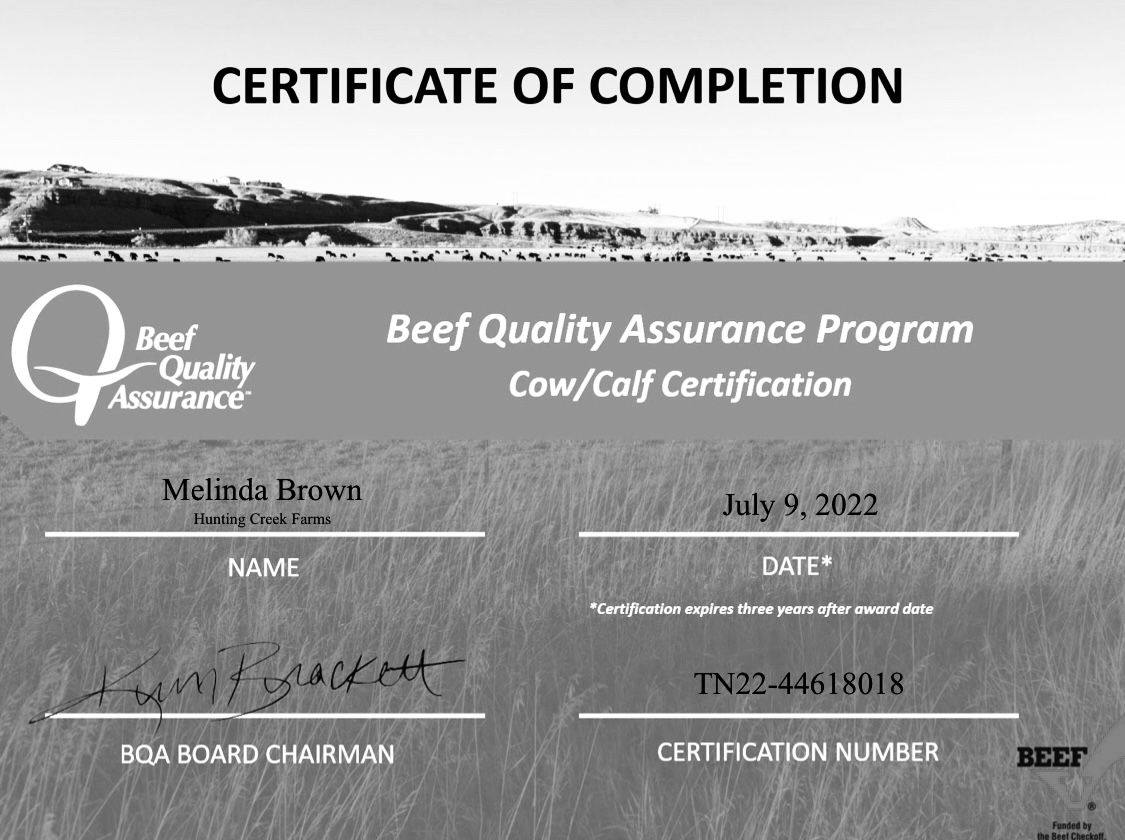 CERTIFICATIONS – Hunting Creek Farms